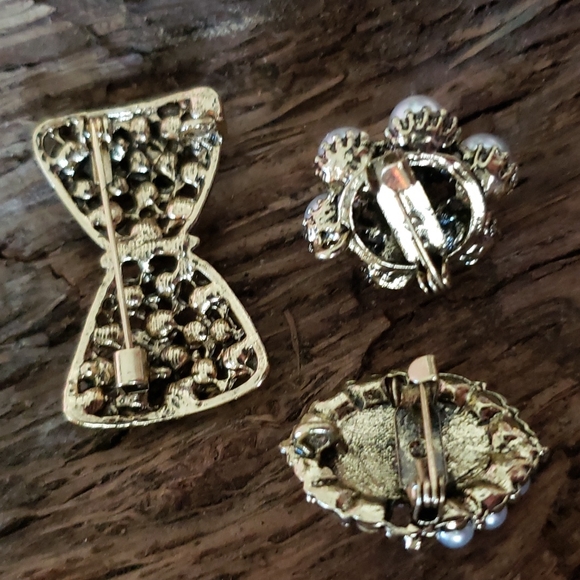 Jewelry | 3 Rhinestone Pins Bow Pin Bow Brooch Pearl Brooch Pearl Pin ...